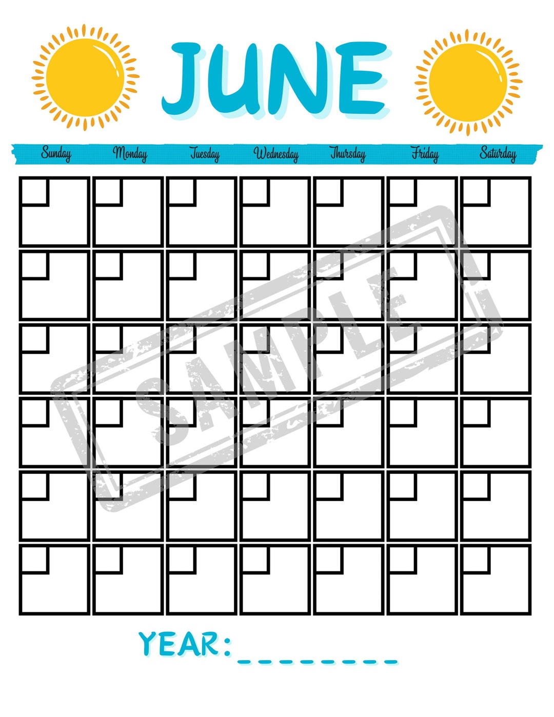 June Calendar - A5 Bullet Journal Page - - Etsy