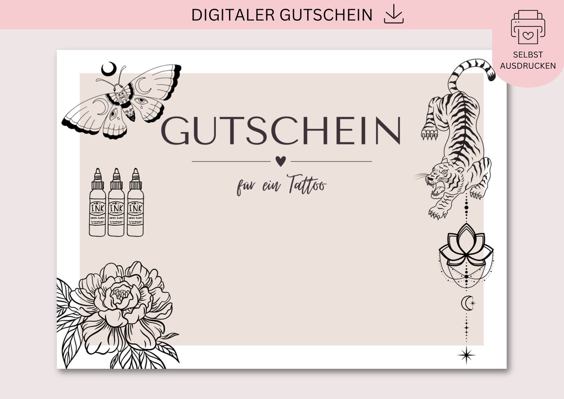 Tattoo Gutschein Vorlage, Gutschein zum Ausdrucken, PDF + JPG Download ...