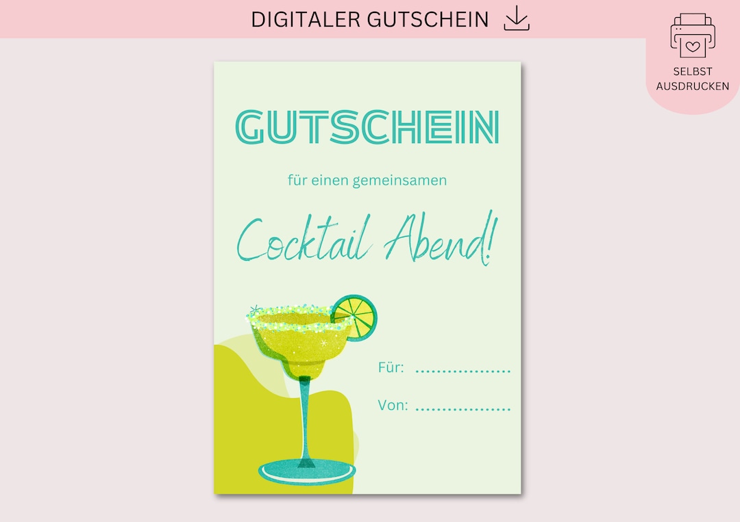 Printable Voucher, Cocktail, PDF + JPG Download, Voucher, Bar ...