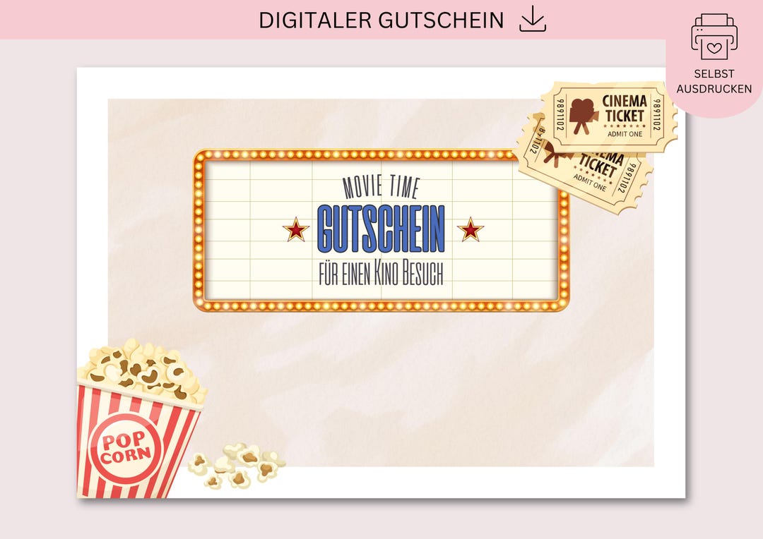 Printable Voucher, Cinema Visit, Cinema Voucher, PDF + JPG Download ...