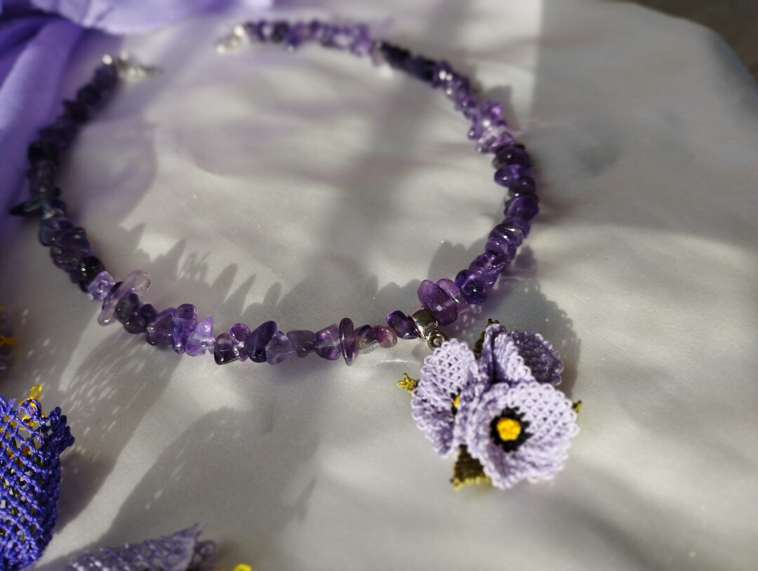 Turkish Oya Amethyst Necklace Lace Pendant Necklace Natural Gemstone ...
