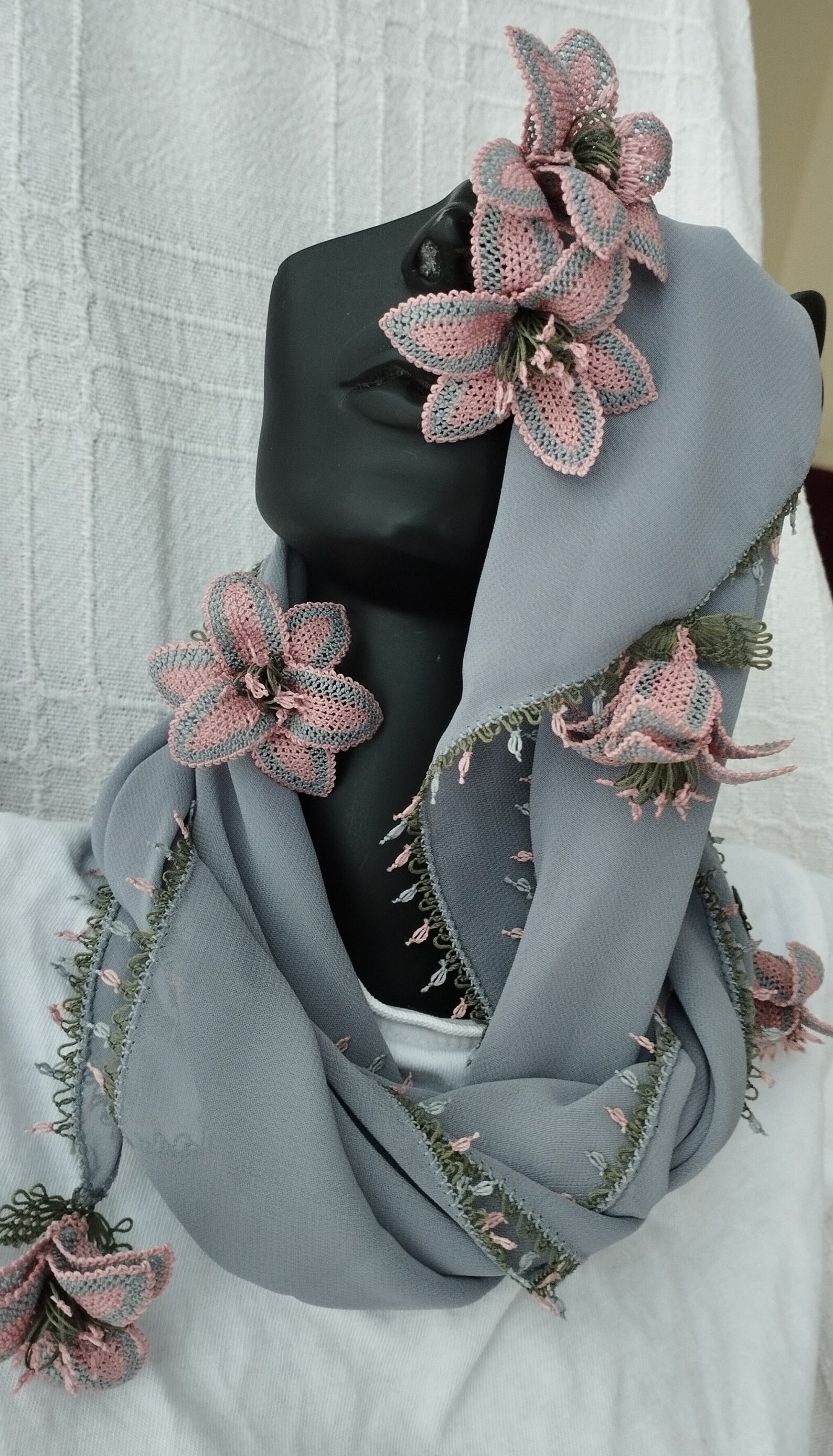 Gray Vintage Tradital Turkish Oya Triangle Scarf, Very Thin, Needle ...