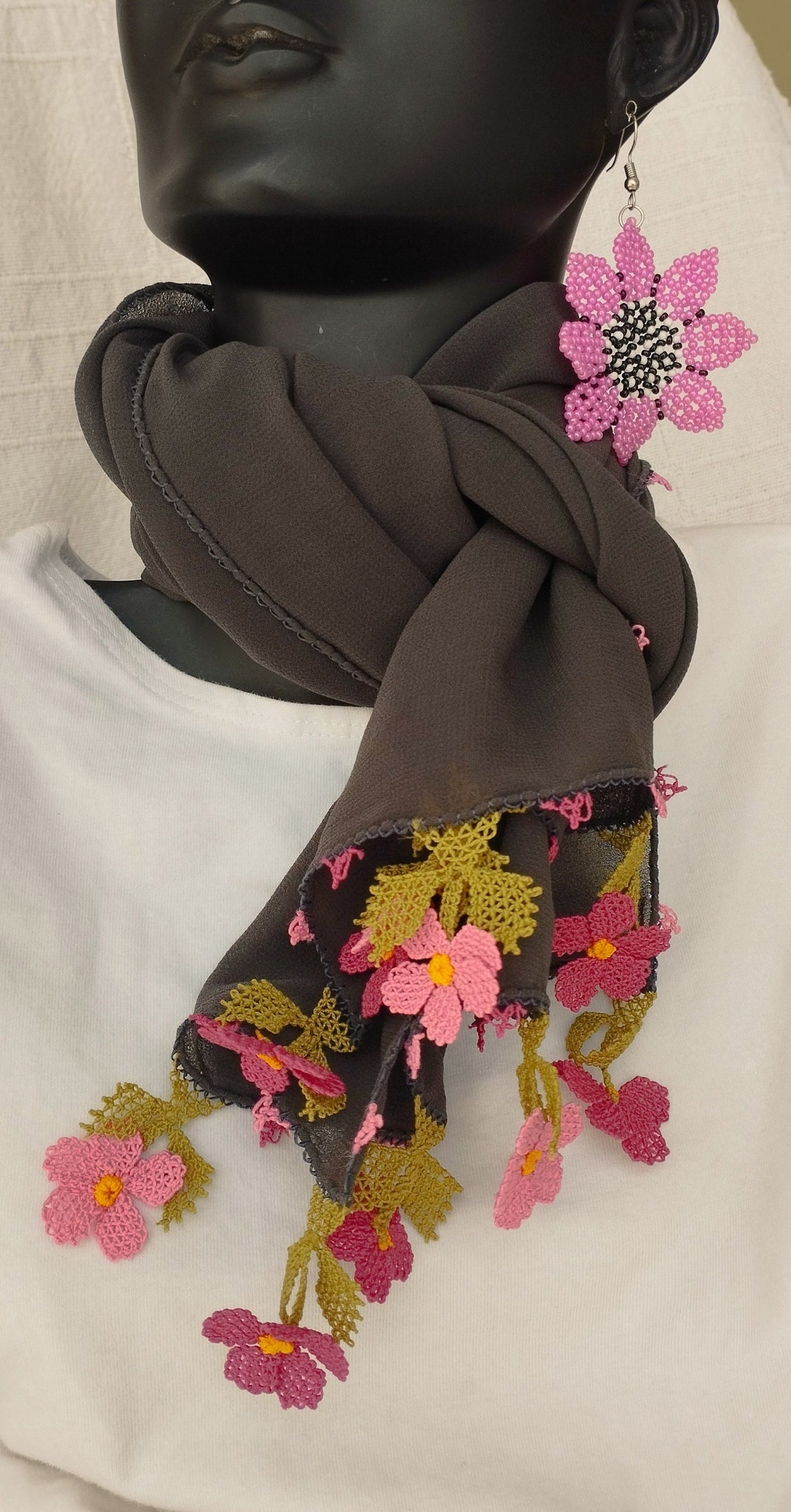 Grey Vintage Tradital Turkish Rose Oya Scarf, Very Thin, Needle Lace ...