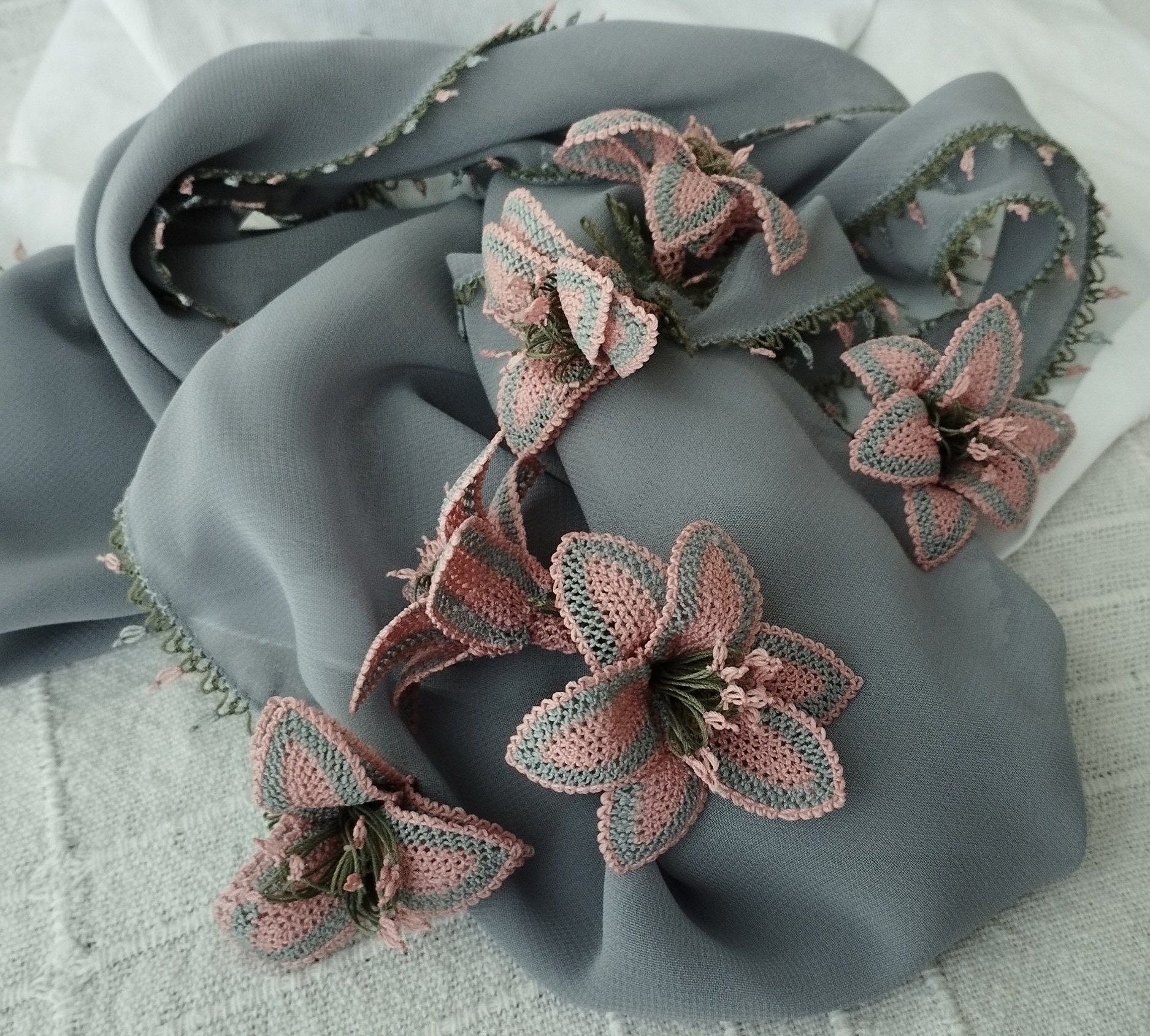 Gray Vintage Tradital Turkish Oya Triangle Scarf, Very Thin, Needle ...