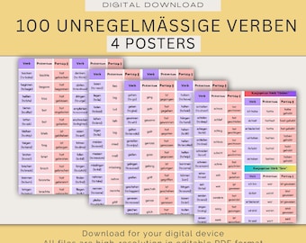 German Language, Grammar Chart, 100 IRREGULAR VERBS + Auxiliary Verbs ...
