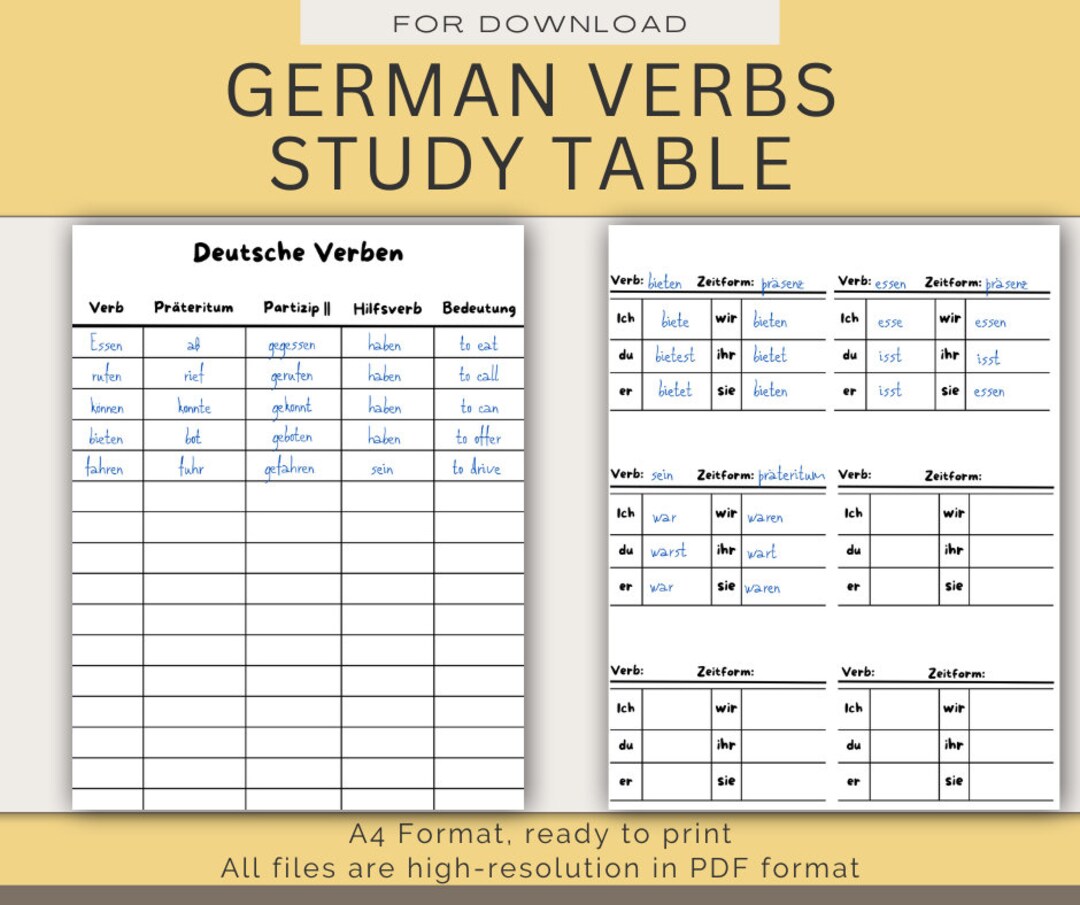 German Verbs PDF With Conjugation Worksheet Template, Printable German ...