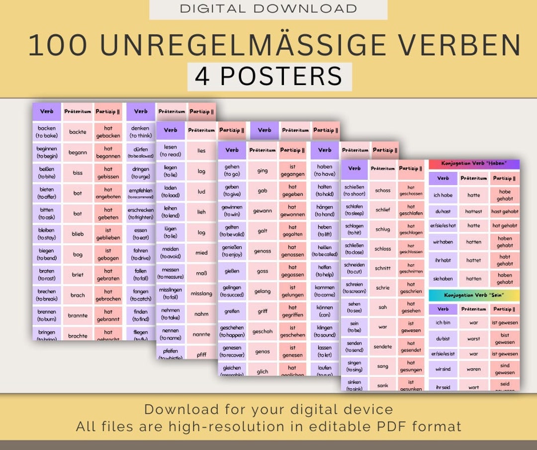 German Language, Grammar Chart, 100 IRREGULAR VERBS Auxiliary Verbs Set ...