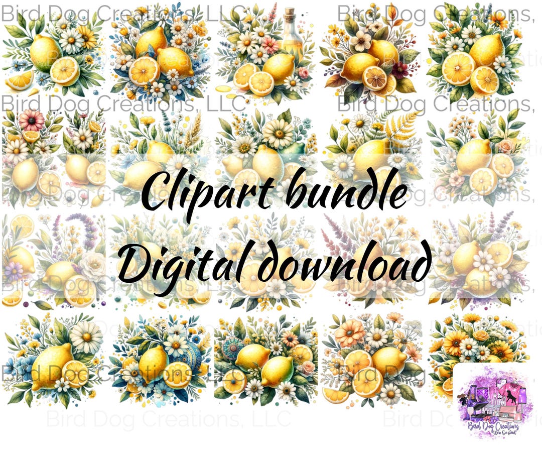 Mediterranean Tile Watercolor Lemons Clipart Bundle - Vibrant Blue and ...