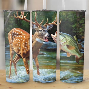 Deer and Fish Graphic Design, Outdoor Wildlife Scene Digital Art ...