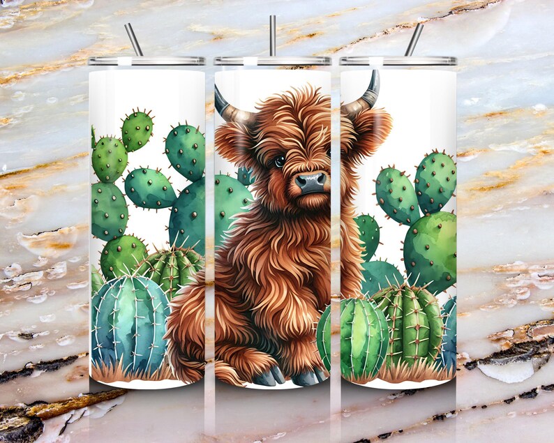 Highland Cow With Cactus Tumbler Wrap 20 Oz Skinny Tumbler Sublimation ...