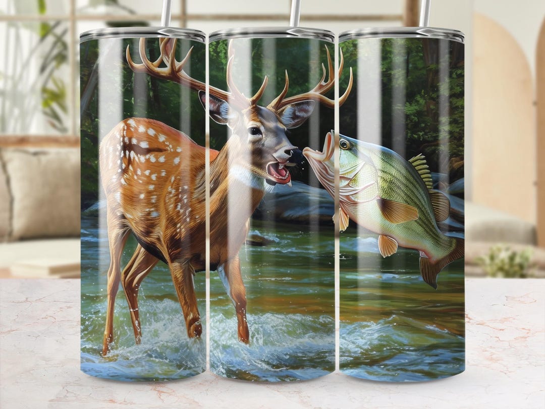 Deer and Fish Graphic Design, Outdoor Wildlife Scene Digital Art ...