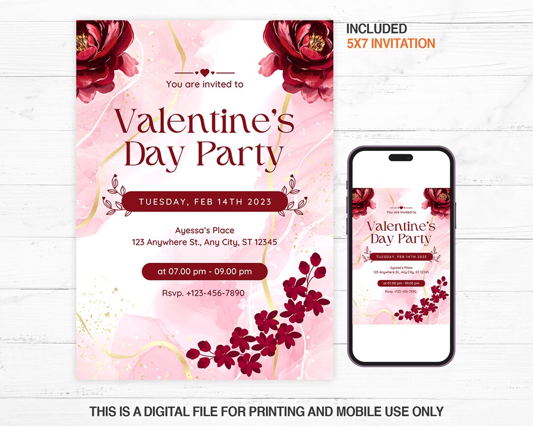 Valentine's Day Party Invitation Digital Template, Valentine's Day ...