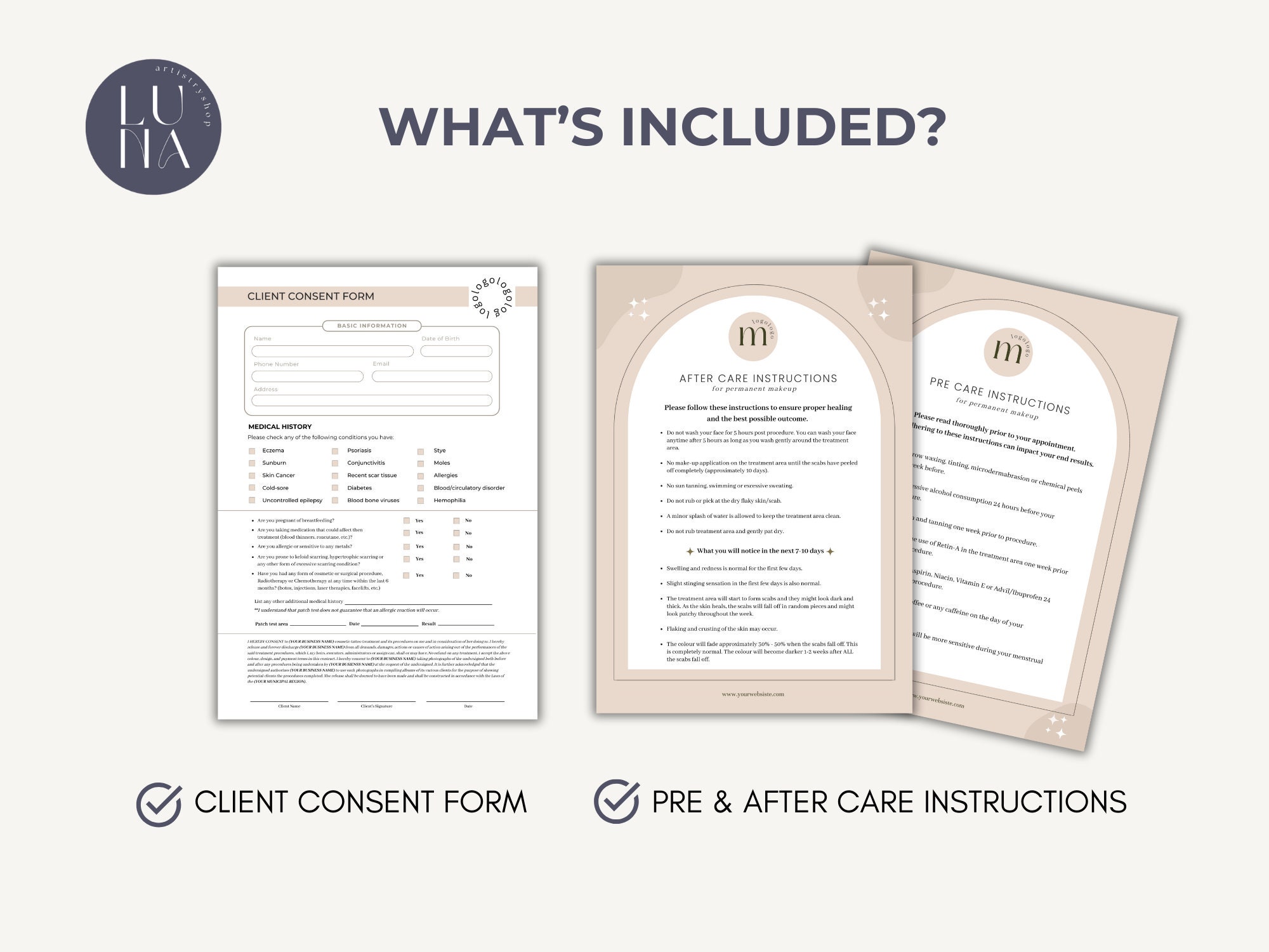 Editable Permanent Makeup Forms Consent Form Template Aftercare Card ...