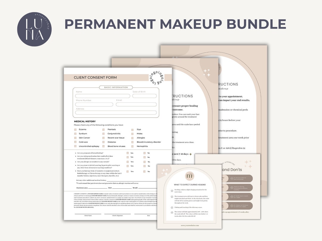 Editable Permanent Makeup Forms Consent Form Template Aftercare Card ...