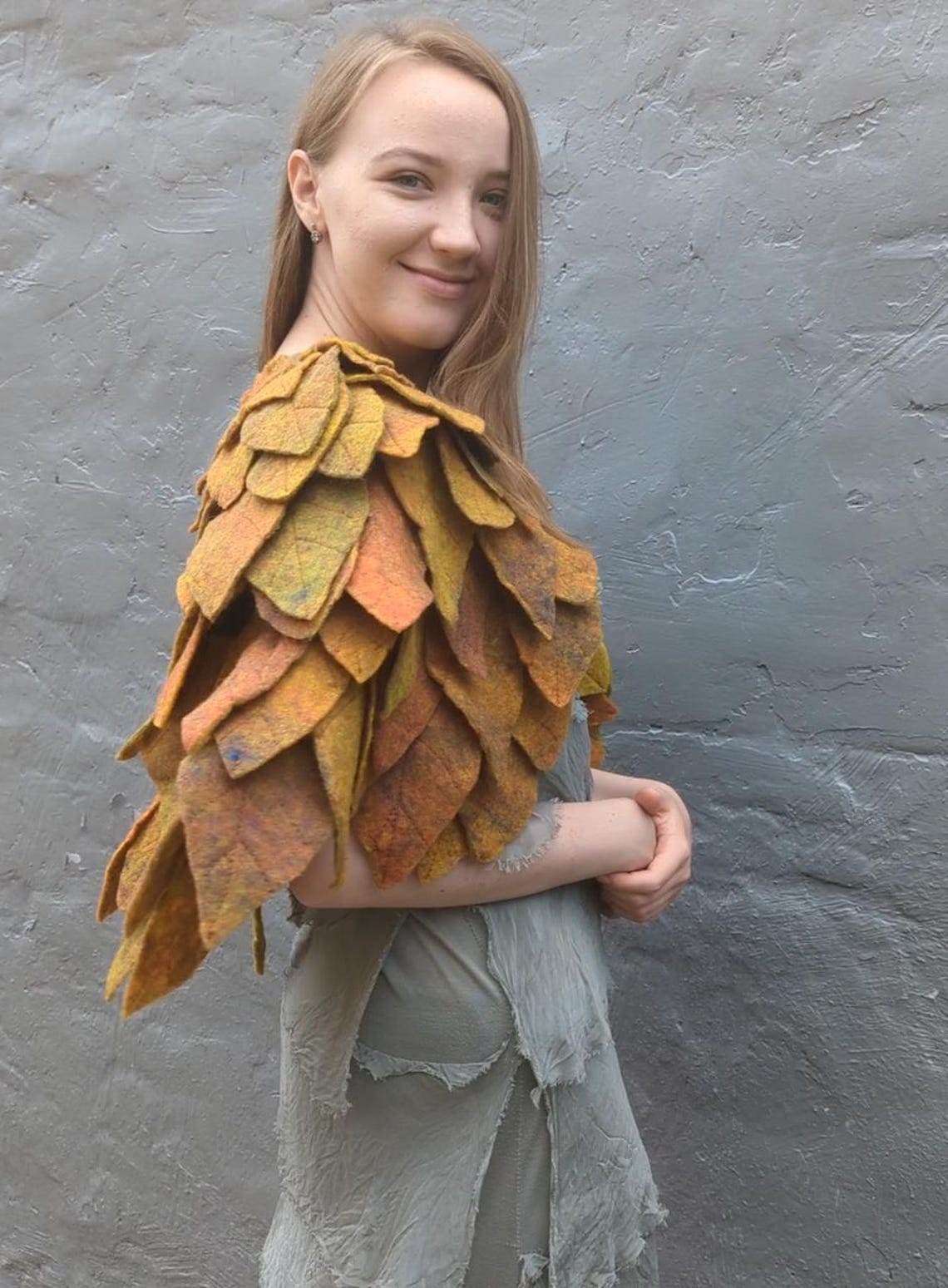 Enchanted Fall Wool Leaf Capelet, Autumn Orange Felted Half Cape ...