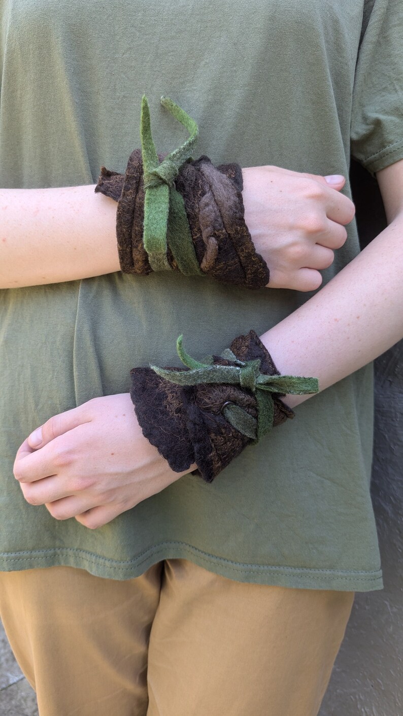 Brown Felted Bark Wrist Cuffs, Woodland Druid Arm Warmers, Enchanted ...