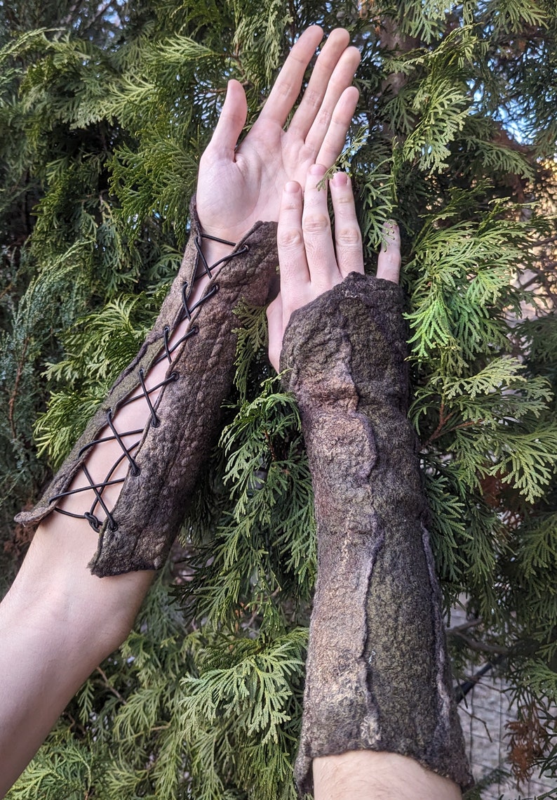Brown Felted Bark Bracers, Druid Woodland Wool Gloves, Whimsical Tree ...