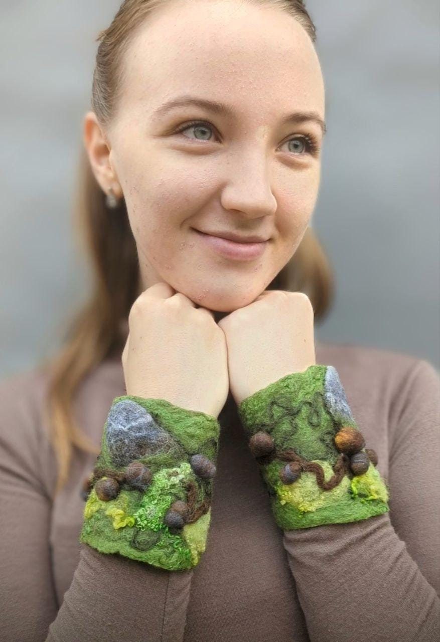 Mountain Stone Moss Cuffs, Handmade Felted Nature Wrist Bracers, Fairy ...