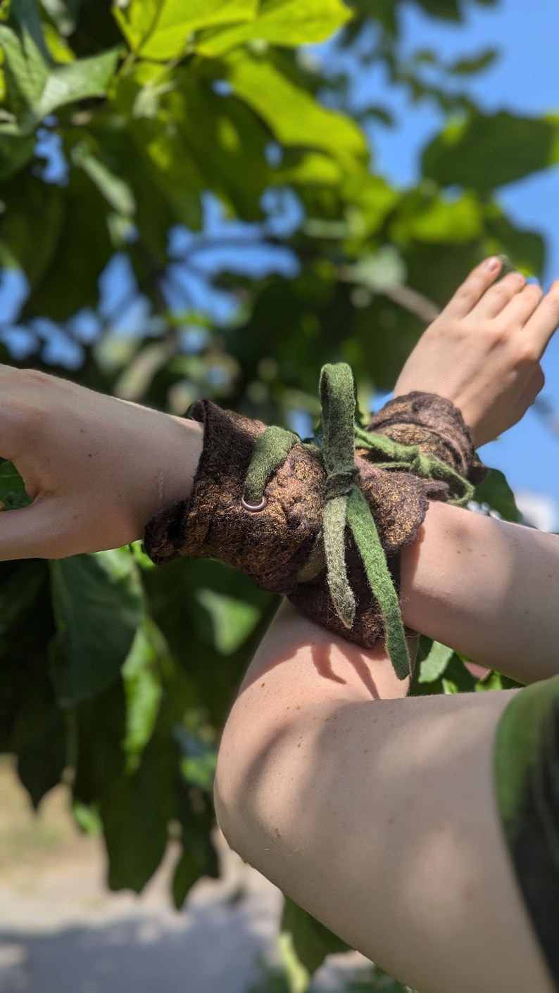 Brown Felted Bark Wrist Cuffs, Woodland Druid Arm Warmers, Enchanted ...