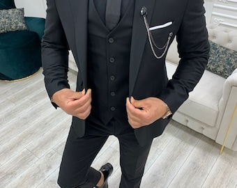Men Suits Black 3 Piece Slim Fit Two Button Wedding Groom Party Wear Coat Pant, Black Suit for ...