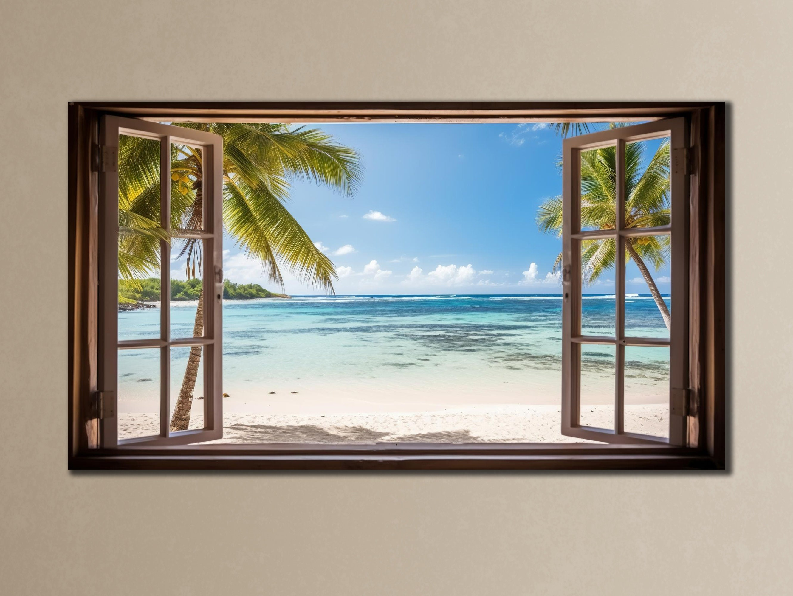 The Beach Palm Window View, Canvas Print Art, Window View Painting ...