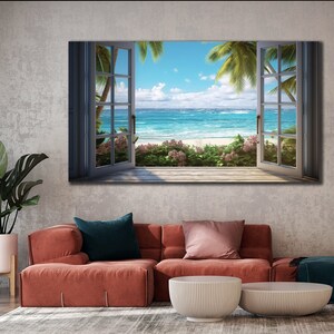 The Beach Palm Window View, Canvas Print Art, Window View Painting ...