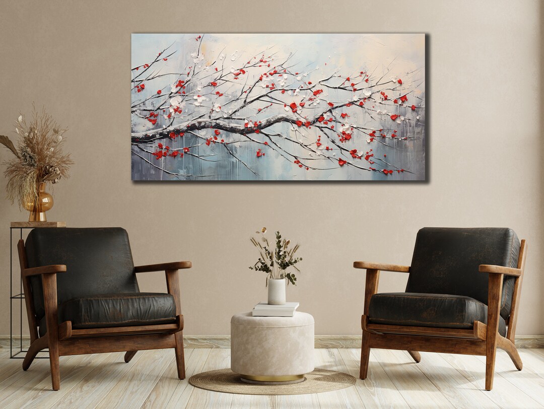 Red Flower Canvas Wall Art, Sakura Tree Wall Decor, Cherry Blossom ...