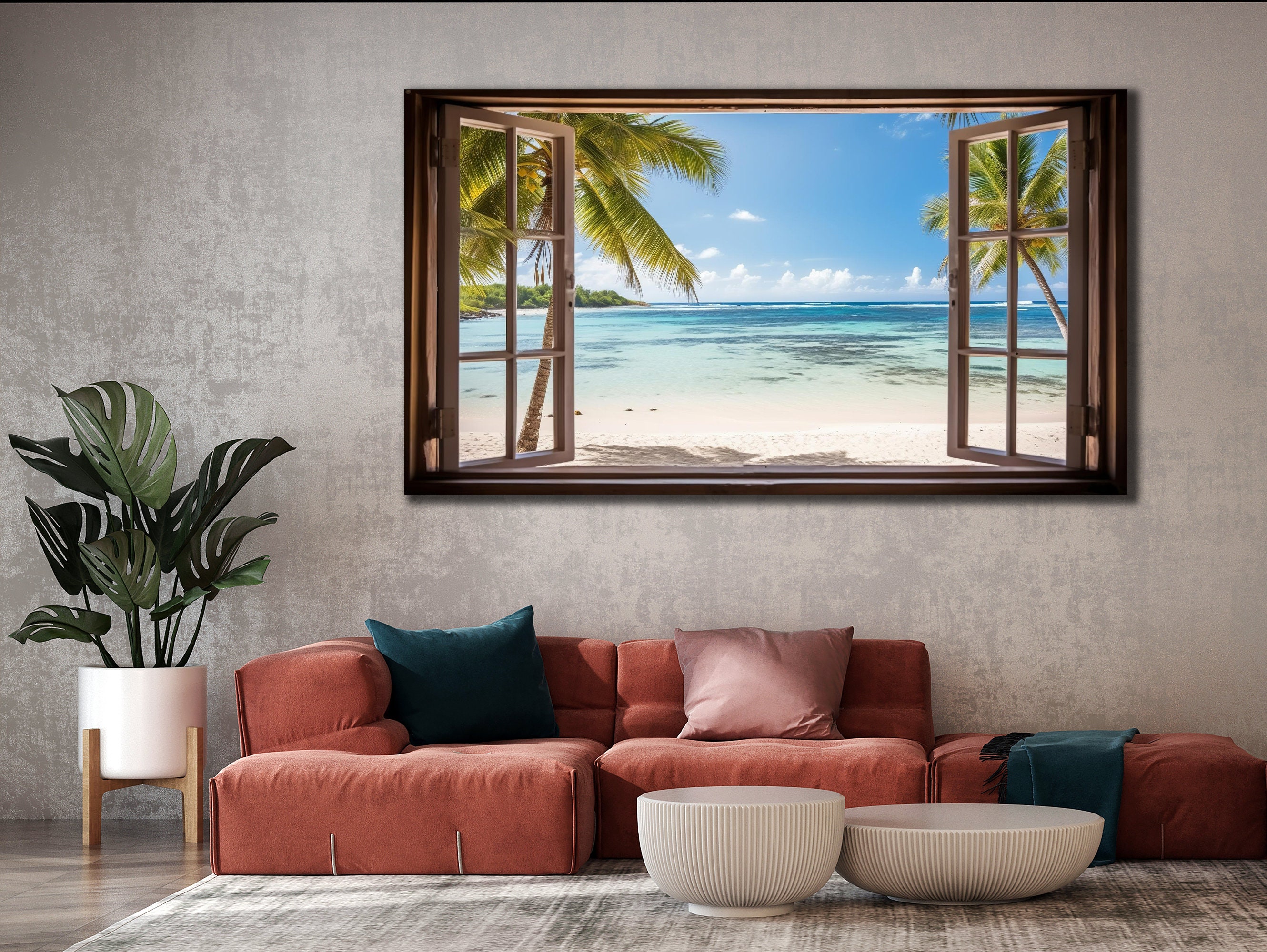 The Beach Palm Window View, Canvas Print Art, Window View Painting ...