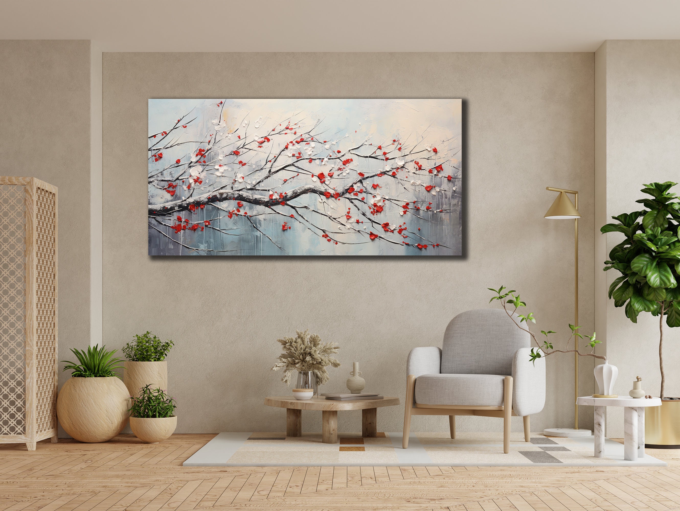 Red Flower Canvas Wall Art, Sakura Tree Wall Decor, Cherry Blossom ...