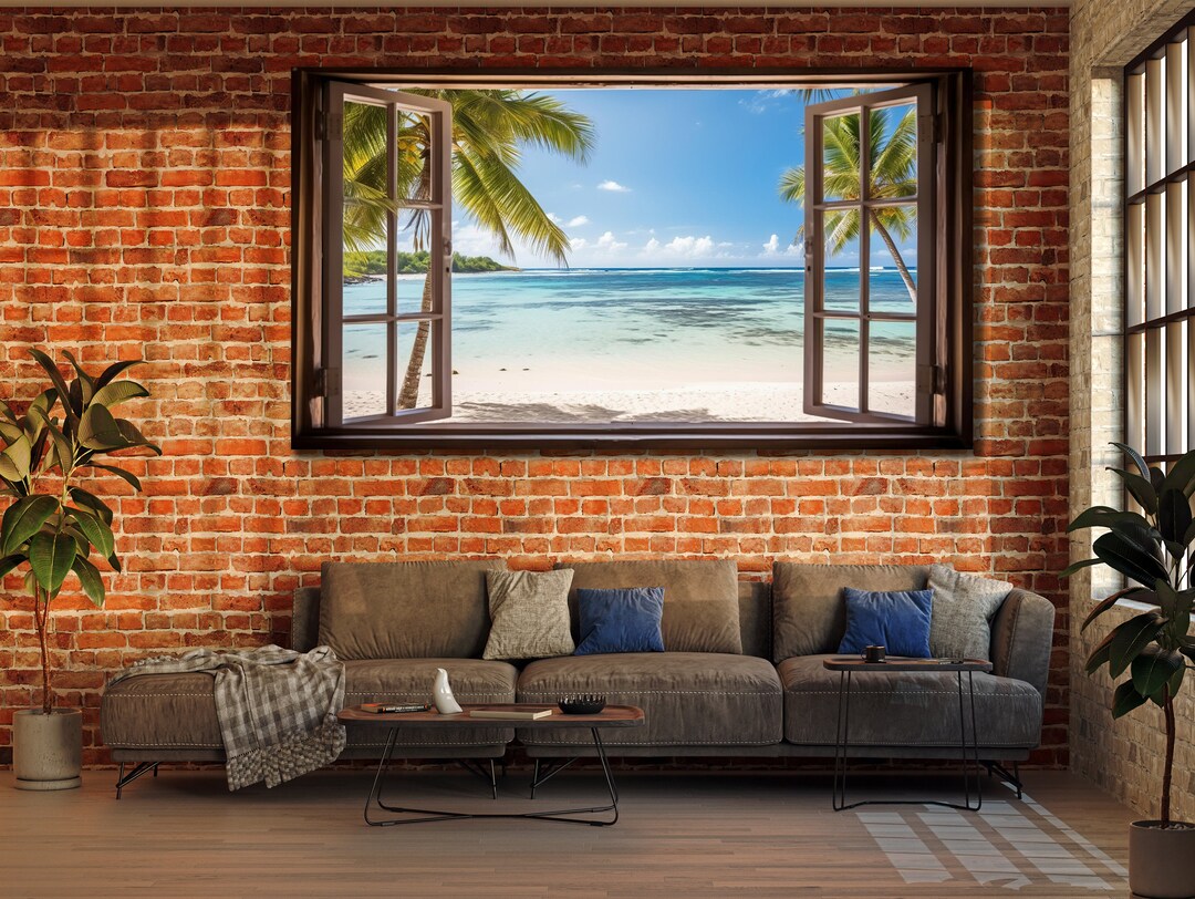 The Beach Palm Window View, Canvas Print Art, Window View Painting ...