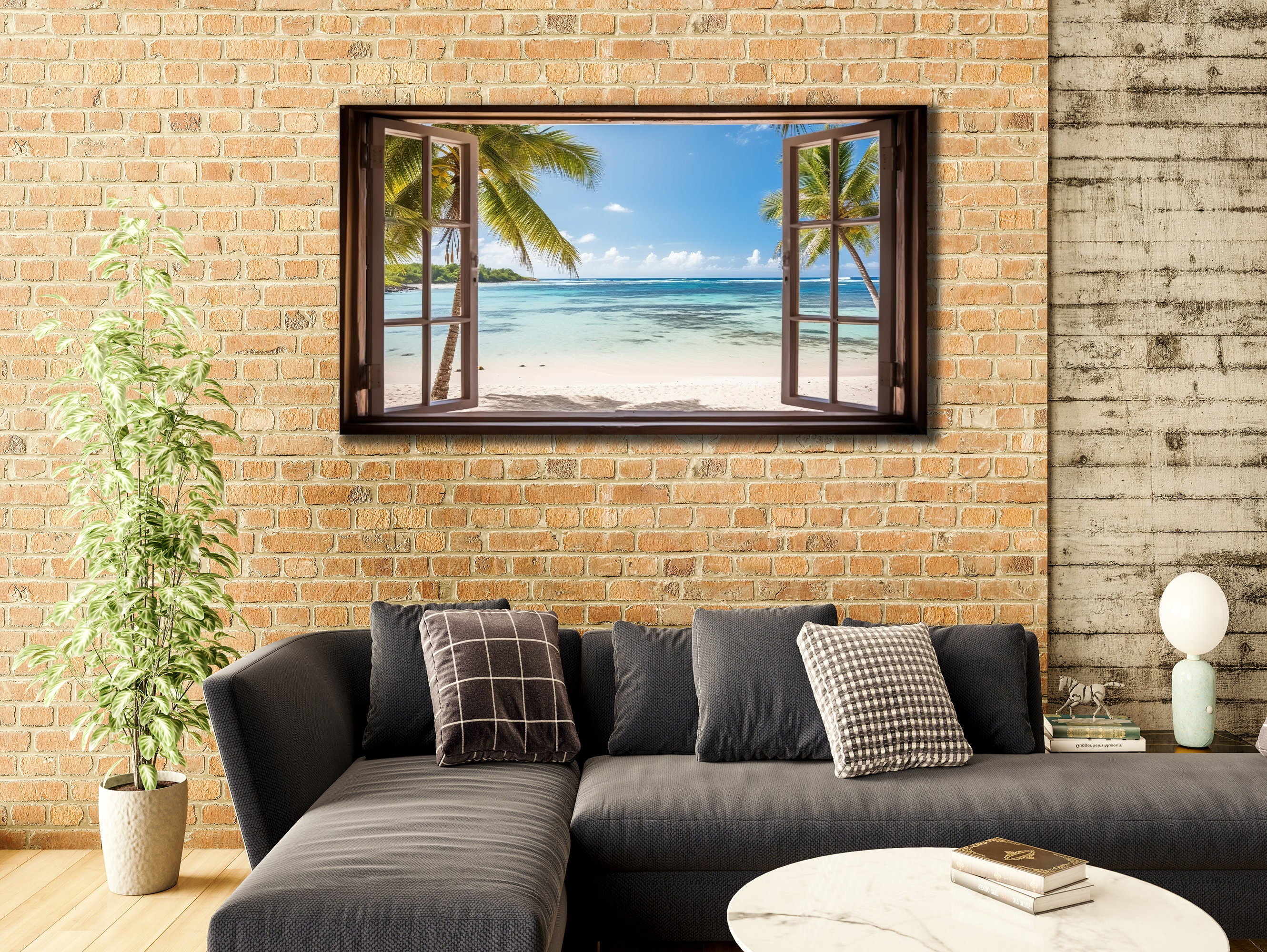 The Beach Palm Window View, Canvas Print Art, Window View Painting ...