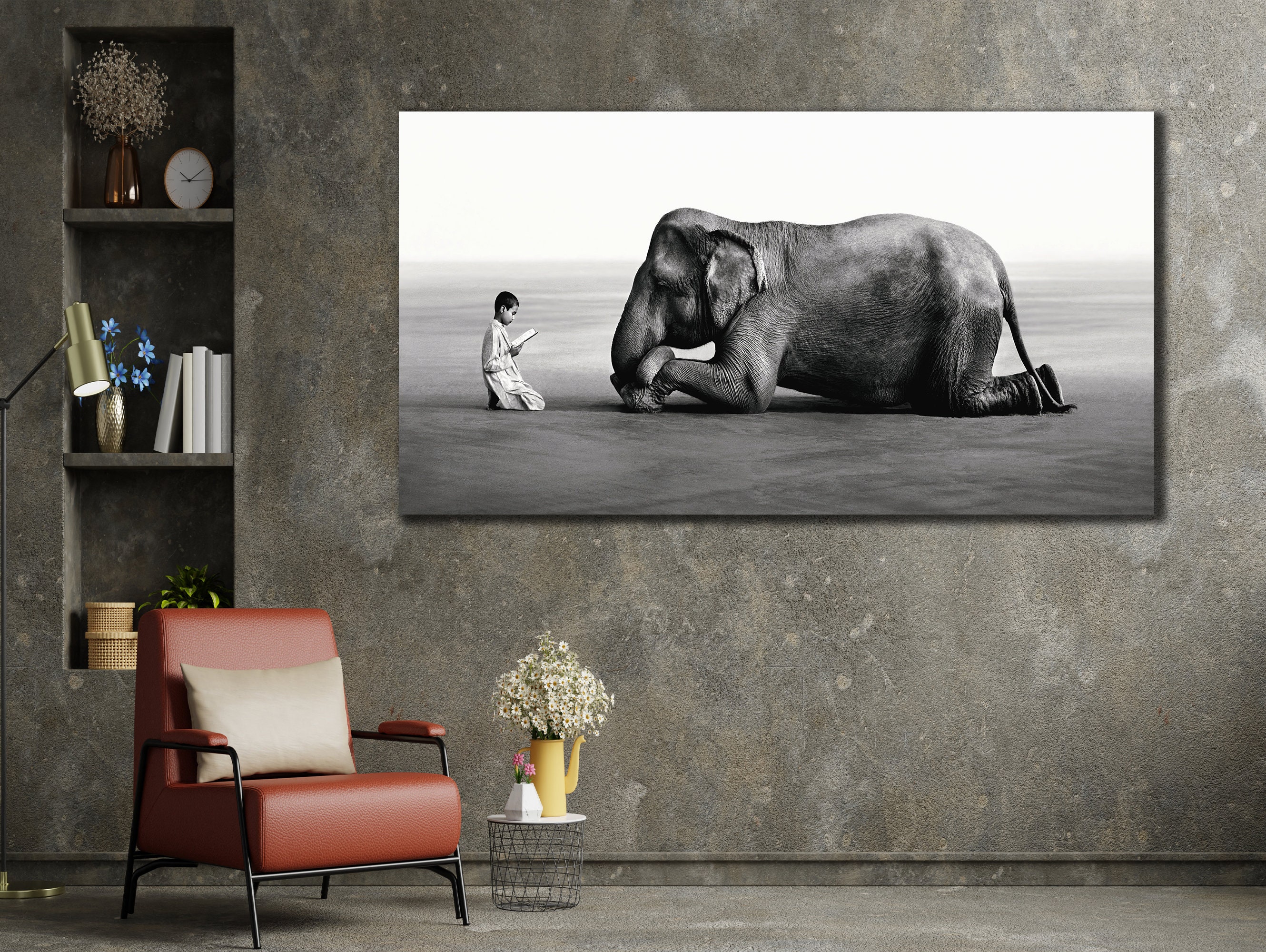 Boy Reading to Elephant Canvas Art, Elephant Print Wall Art, Office ...