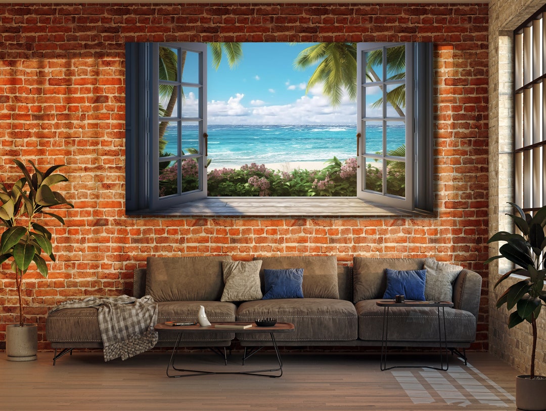 The Beach Palm Window View, Canvas Print Art, Window View Painting ...