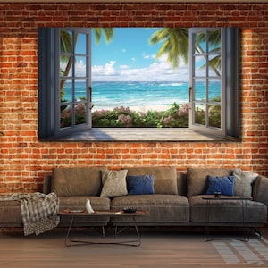 The Beach Palm Window View, Canvas Print Art, Window View Painting ...