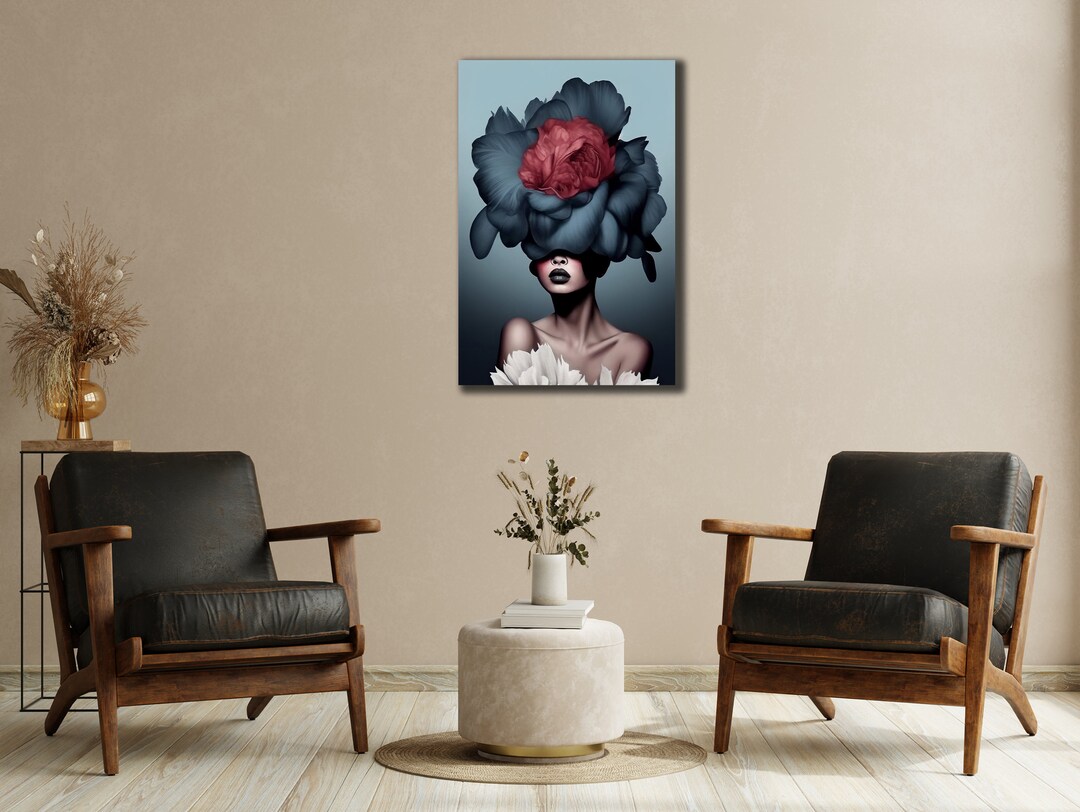 Blue Portrait Woman With Flowers Head, Woman Canvas, Roses Wall Poster ...
