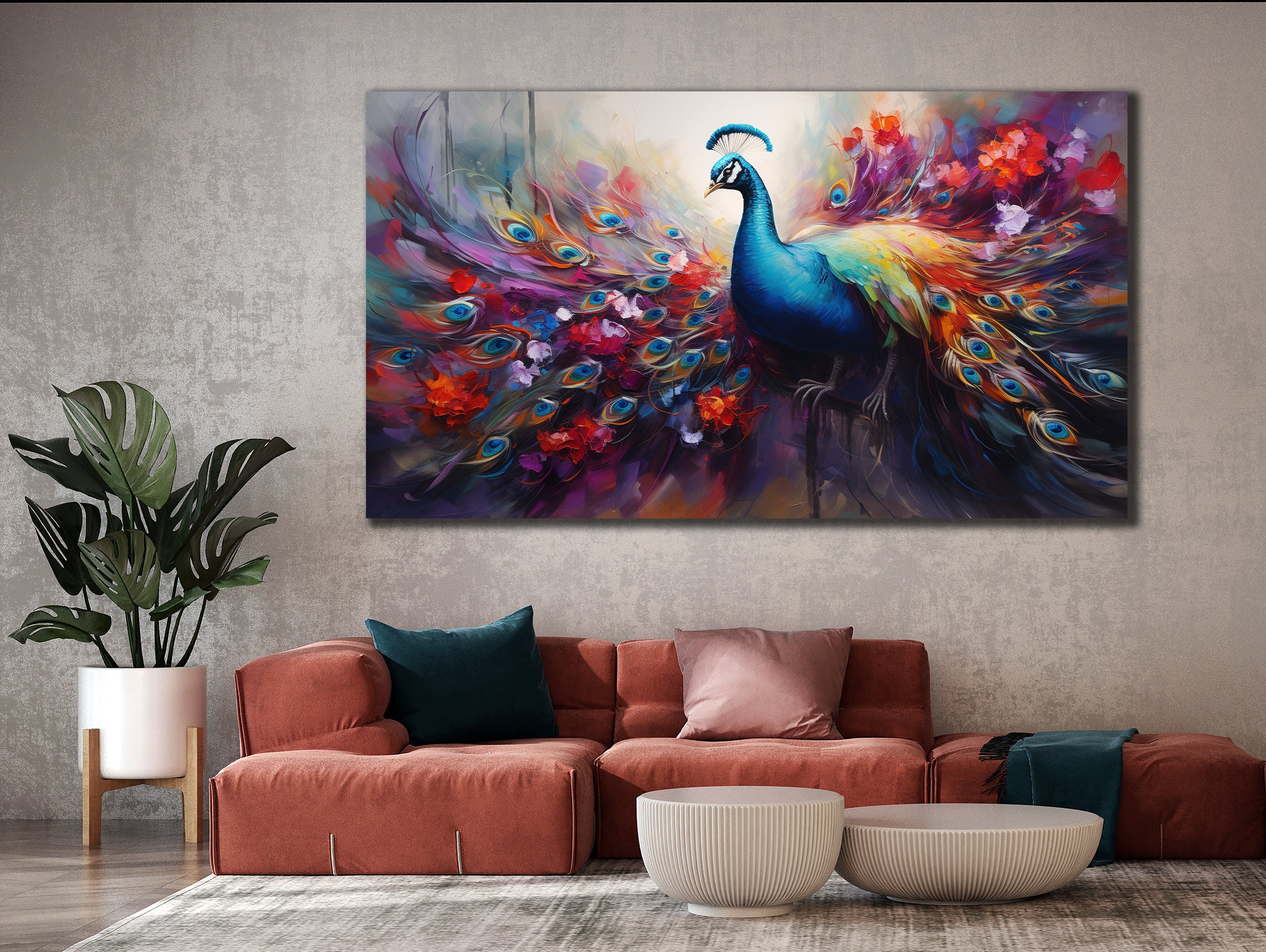 Rainbow Peacock Oil Painting, Peacock Wall Art, Animals Wall Decor ...