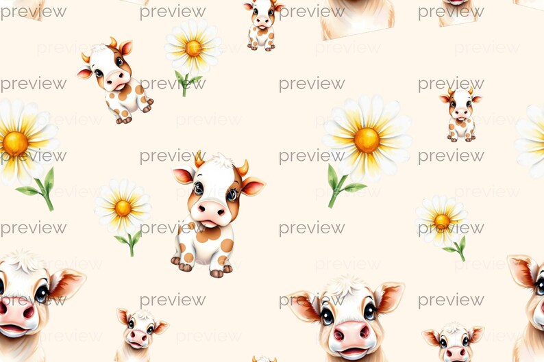 Cute Cow and Daisy Seamless Pattern Playful Cartoon Cows and Bright ...