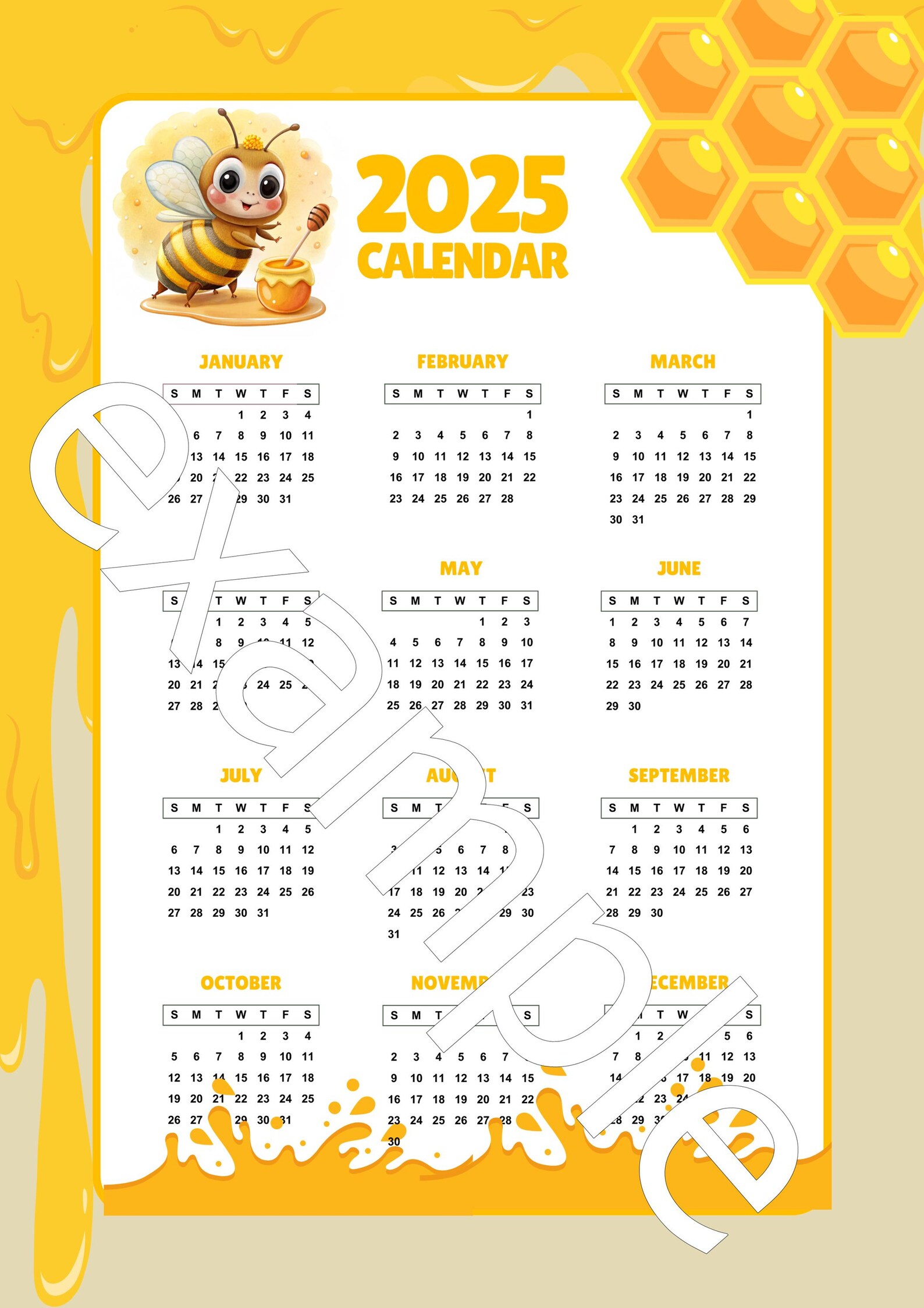 Beautiful Calendar 2025, Bee Calendar, Yellow Calendar, One Page ...