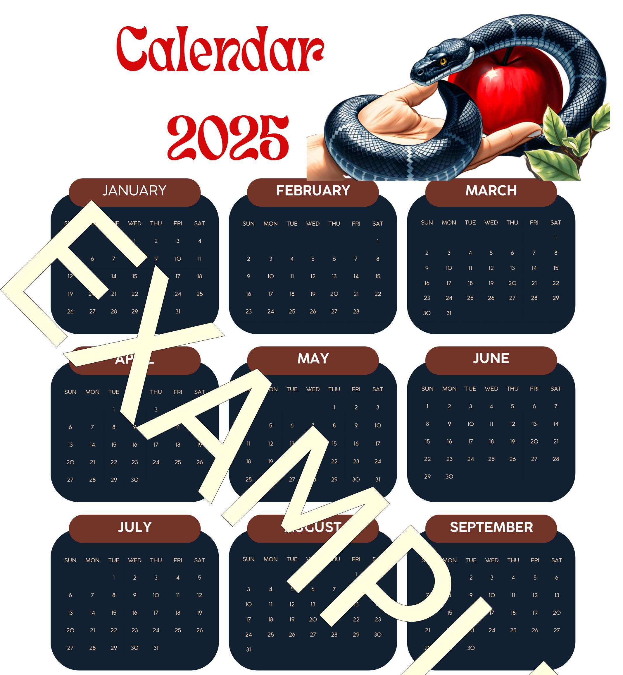 2025 Calendar, Eve's Sin Calendar, Snake Calendar, Black Calendar, 2025 ...
