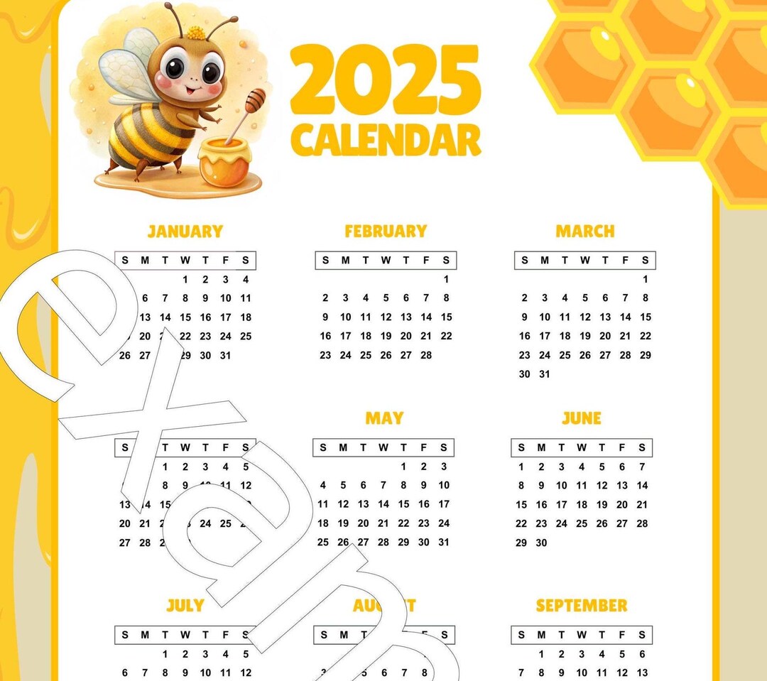 Beautiful Calendar 2025, Bee Calendar, Yellow Calendar, One Page ...