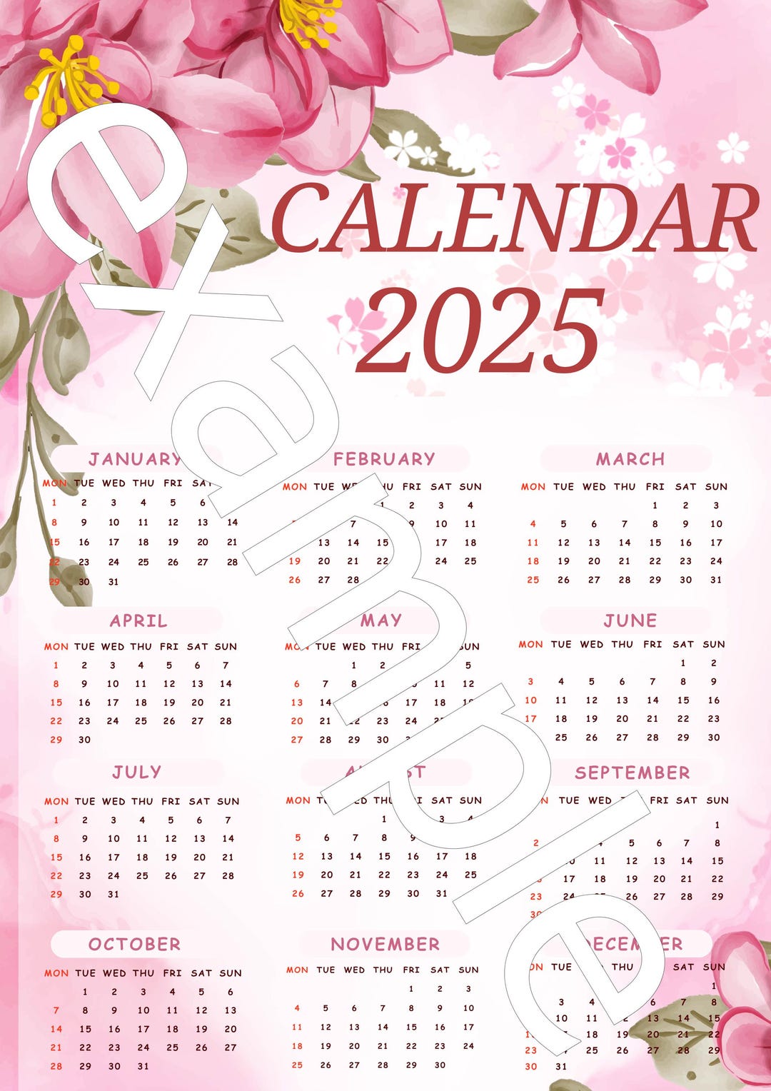 Flower Calendar 2025. Big Calendar Digital. Calendar With Flowers ...