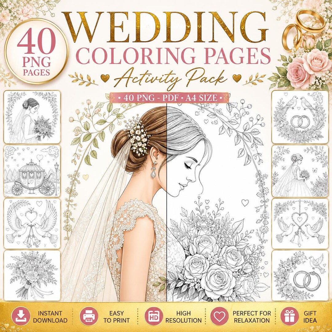 Wedding Coloring Pages | Activity Pack | 40 PNG - PDF | A4 Size ...