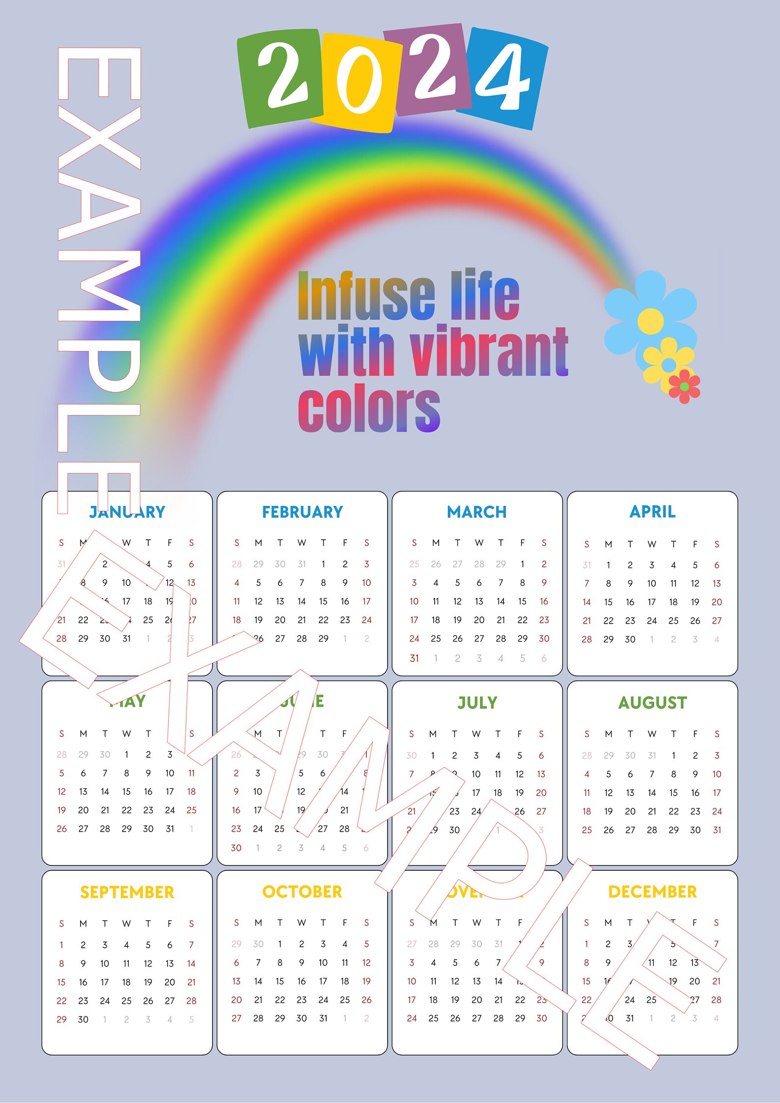 Calendar With a Rainbow, Wall Calendar 2024, Classroom Calendar ...