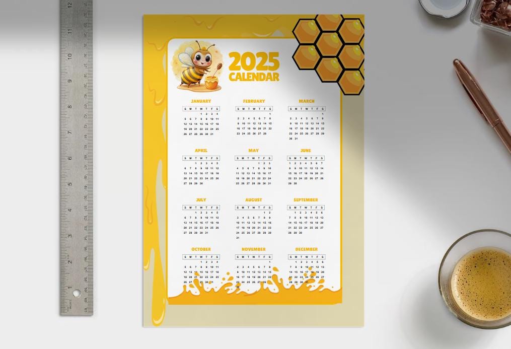 Beautiful Calendar 2025, Bee Calendar, Yellow Calendar, One Page ...