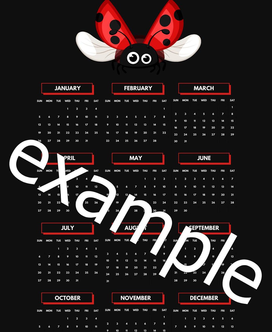 Ladybug Calendar, Black Calendar, One Page Calendar, Cute Calendar ...