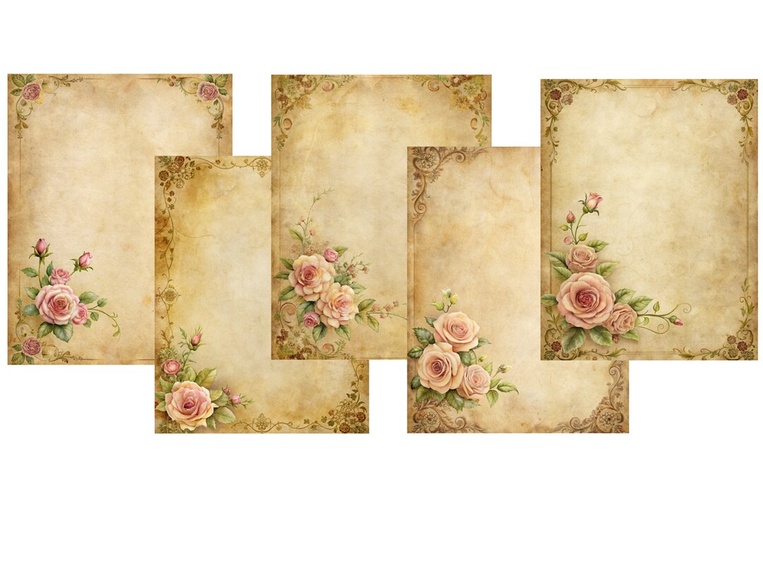 Vintage Digital Paper Set, Blank Journal Pages With Roses, 5 Digital ...