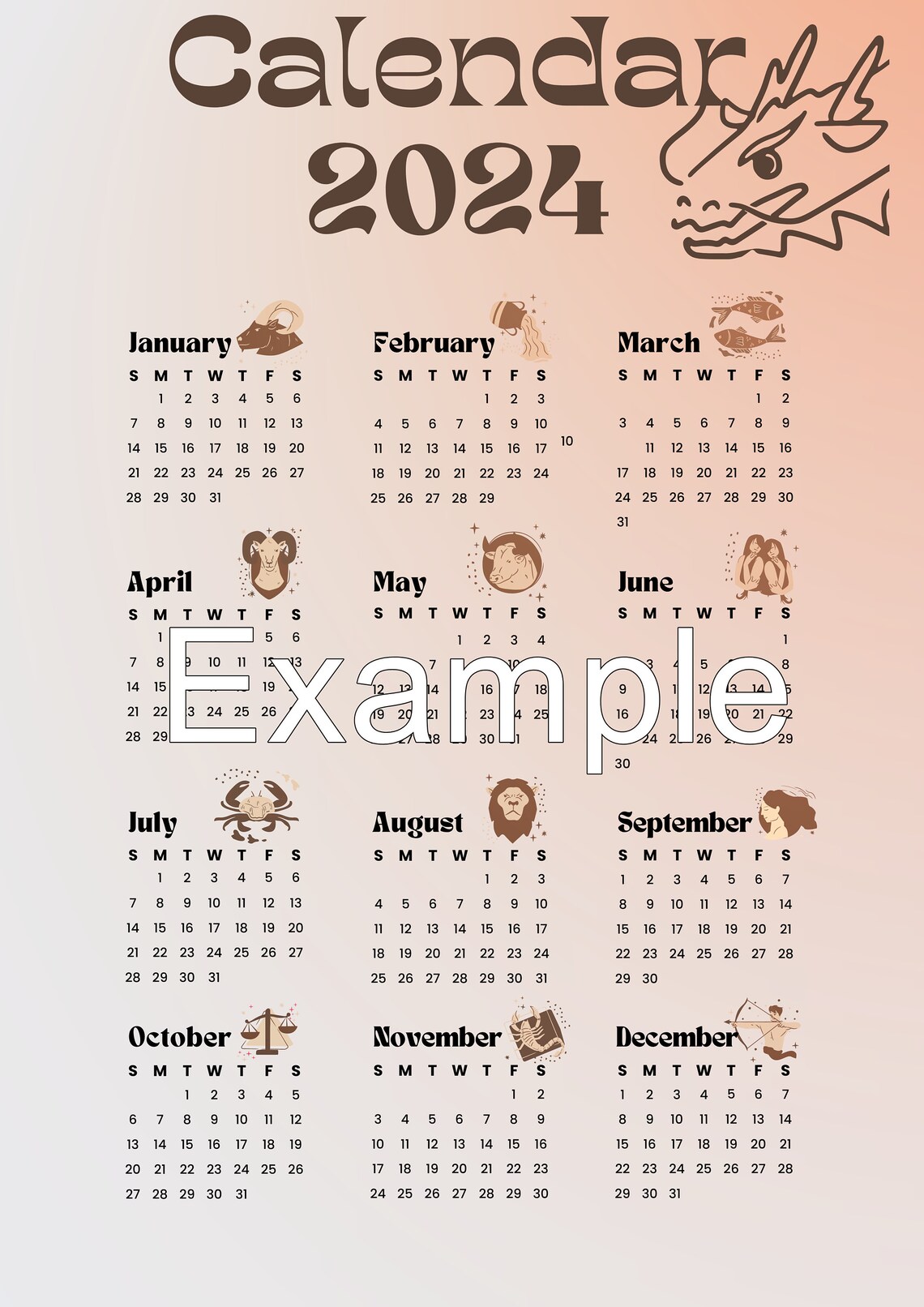Zodiac Calendar 2024, Calendar Svg, Monthly Calendar, Printable ...