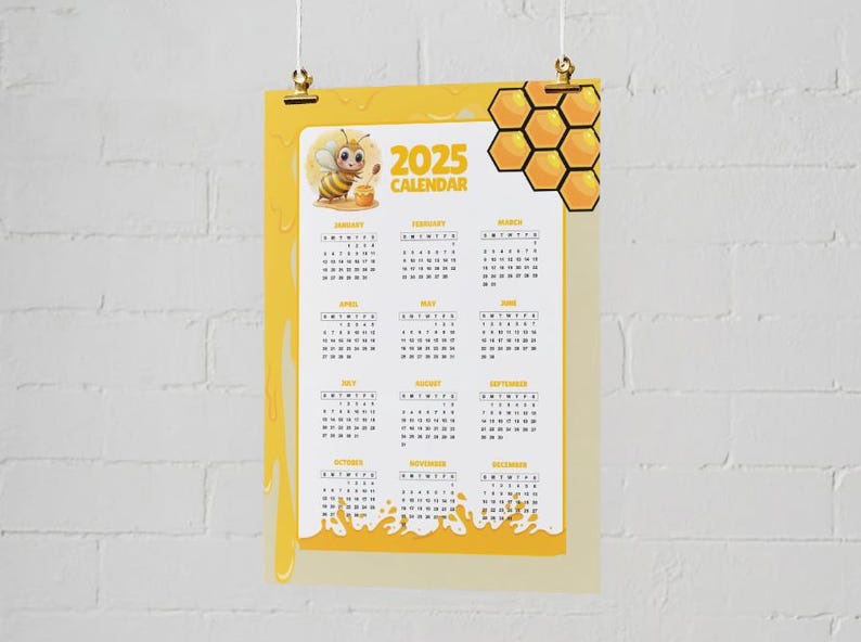 Beautiful Calendar 2025, Bee Calendar, Yellow Calendar, One Page ...