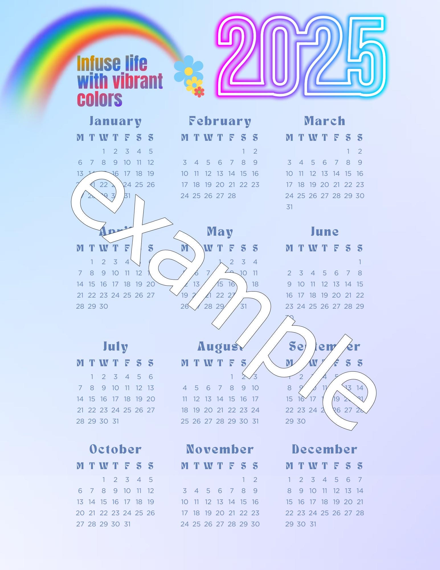 Calendar With a Rainbow, Wall Calendar 2025, Classroom Calendar ...