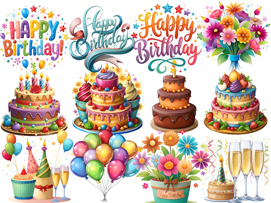 Festive Birthday Clipart Bundle: Balloons, Cake, Champagne (15 PNG ...
